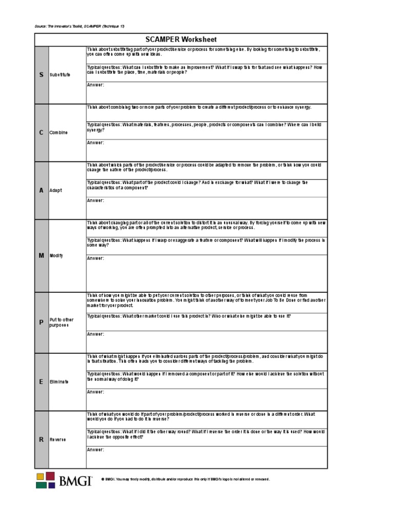 SCAMPER Worksheet: Substitute Answer | PDF | Cognition | Business