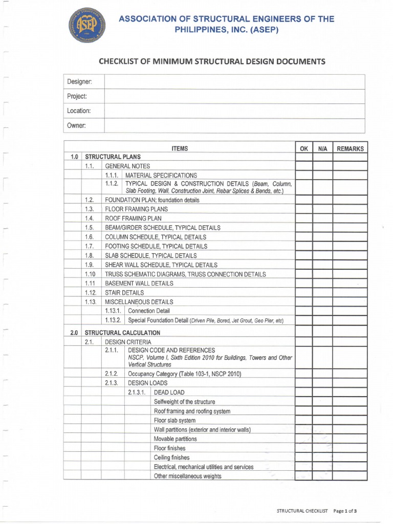 Asep Checklist Of Minimum Structural Design Documents Pdf