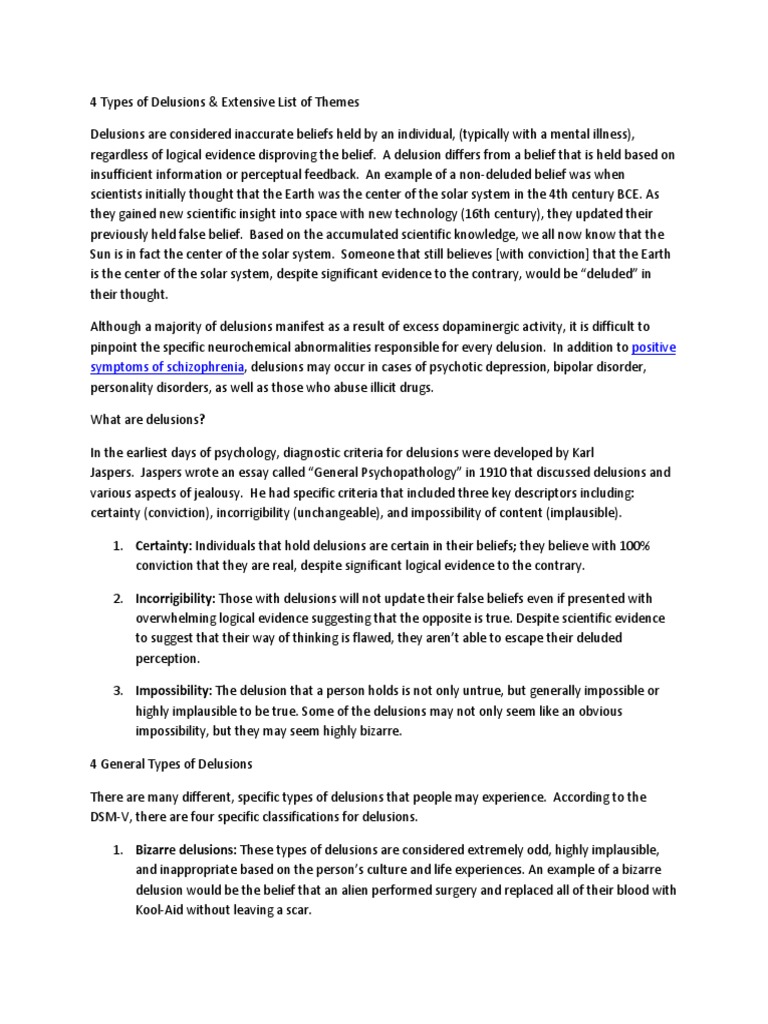 4 Types of Delusions & Extensive List of Themes Explained | PDF ...