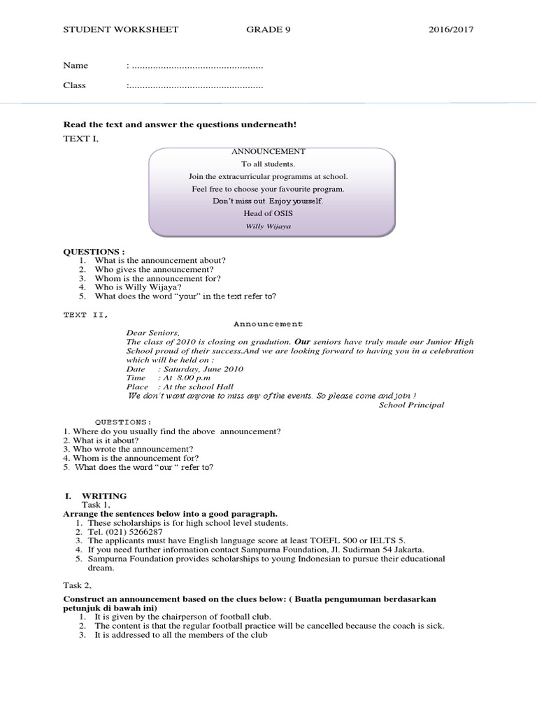 Student Worksheet | PDF | Schools | Languages