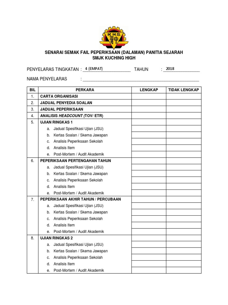Senarai Semak Fail Peperiksaan Dalaman - 2018 | PDF