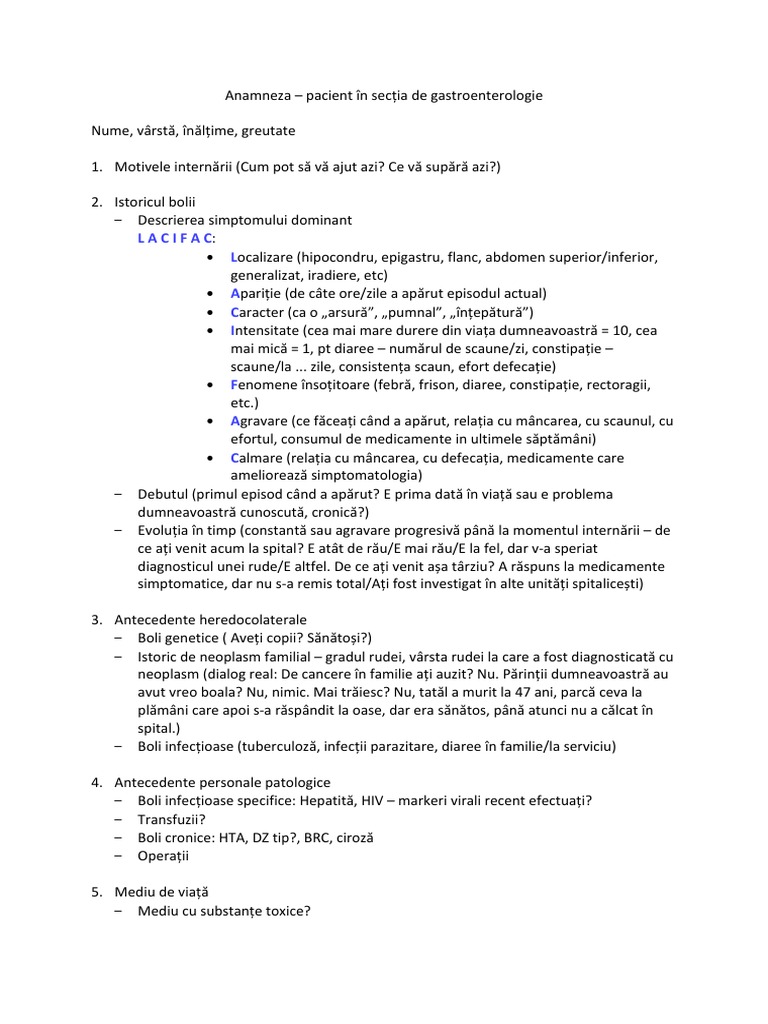 Anamneza - Pacient În Secția de Gastroenterologie | PDF