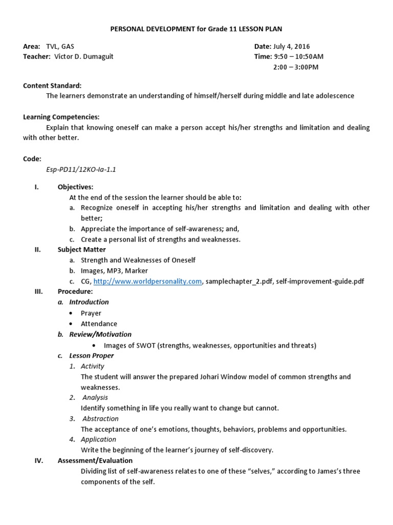 Perdev 1st Week 1 | PDF | Lesson Plan | Educational Assessment
