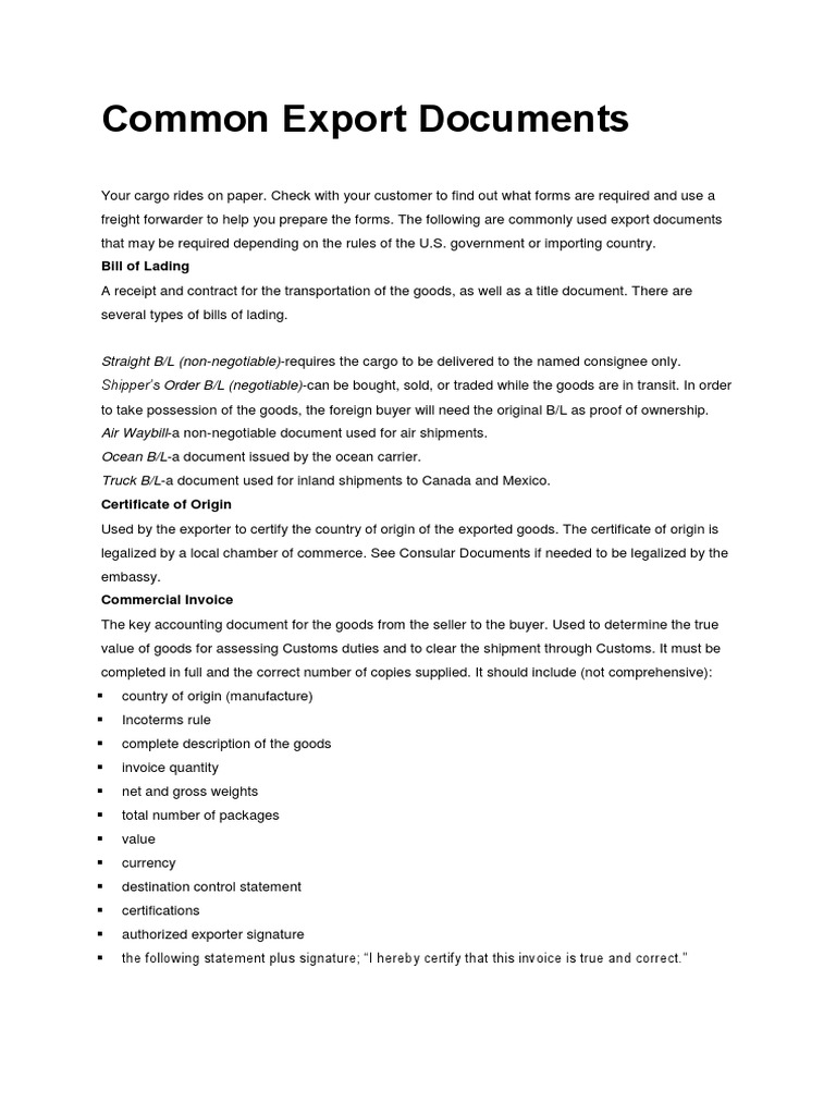 Common Export Documents | PDF | Cargo | Bill Of Lading