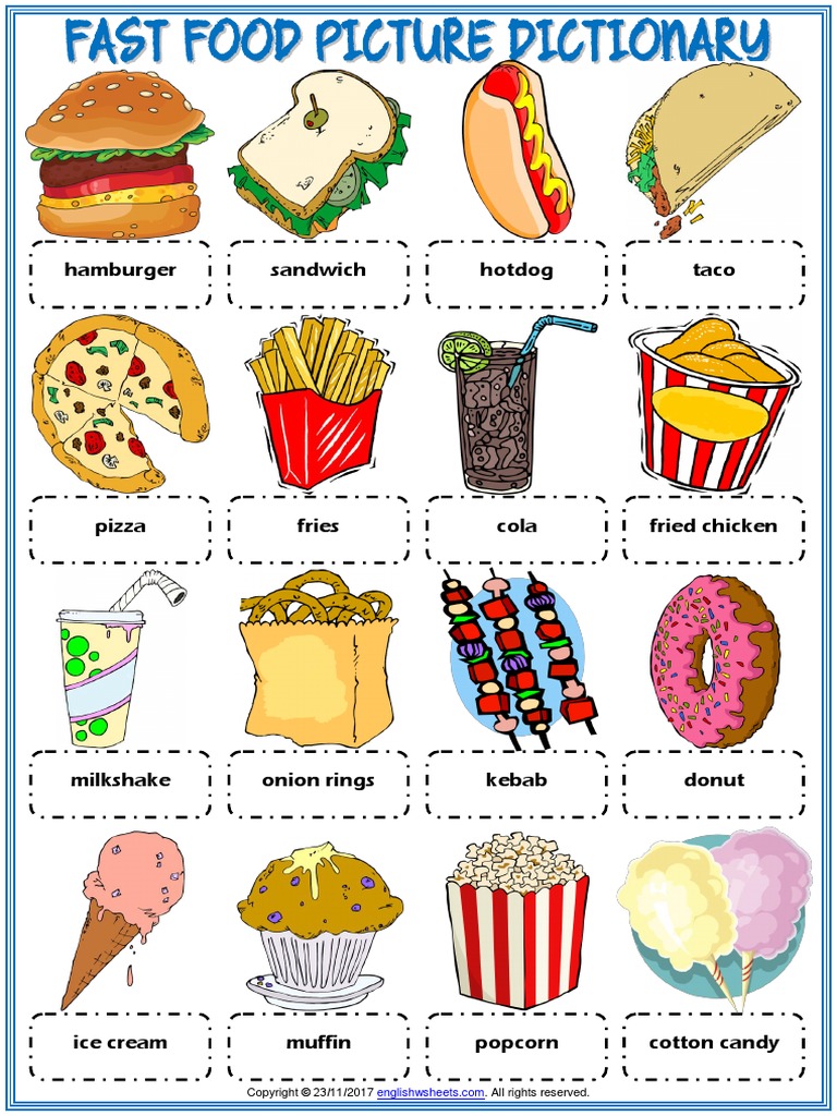 Fast Food Vocabulary Esl Picture Dictionary Worksheet For Kids PDF ...