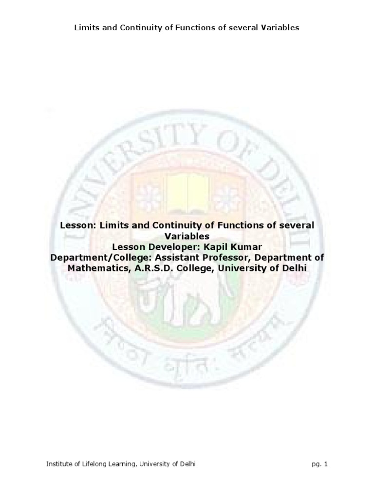 Limits and Continuity of Functions of Several Variables PDF | PDF ...
