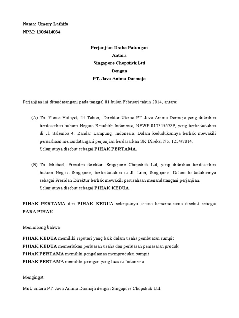 Contoh Surat Perjanjian Joint Venture Atau Kerjasama Usaha Patungan | PDF