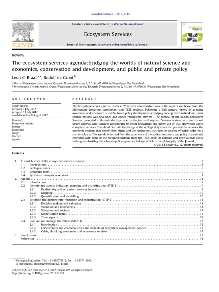 Ecosystem Services: Leon C. Braat, Rudolf de Groot | PDF | Ecosystem Services | Ecology