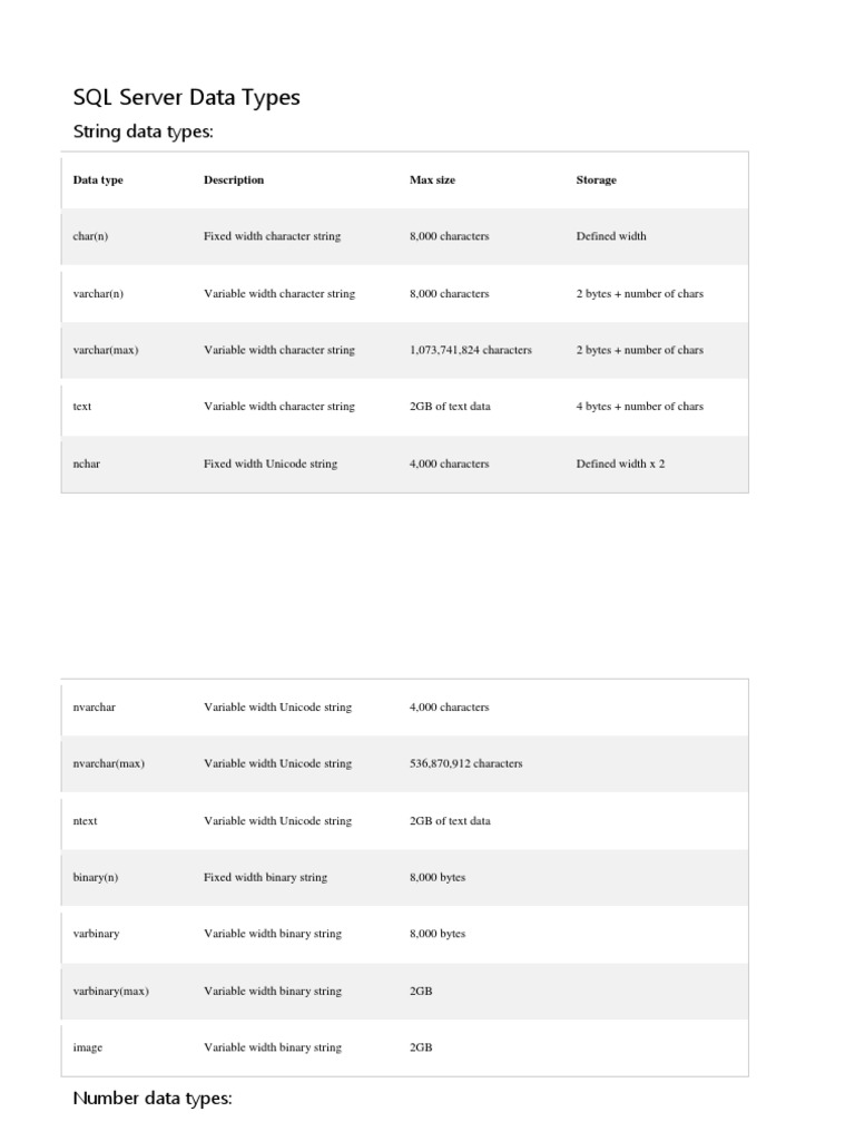 Sql Server Data Types Pdf Integer Computer Science String Computer Science
