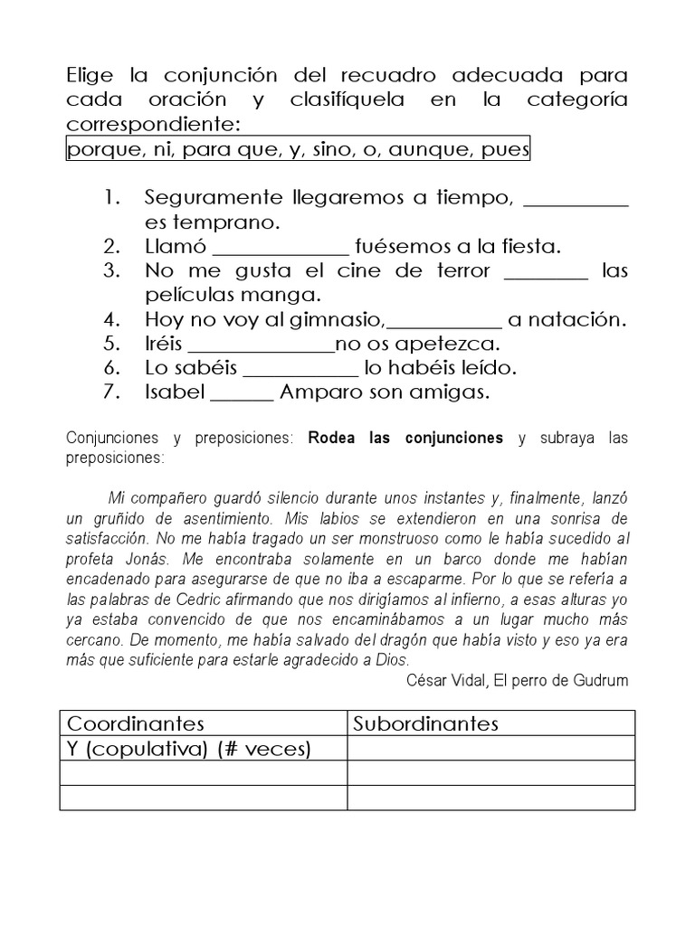 Ejercicio de Preposiciones y Conjunciones | PDF