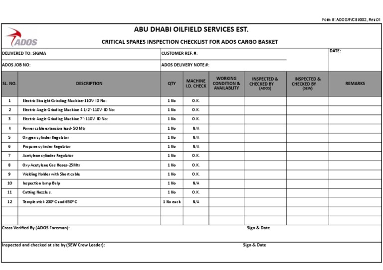 Abu Dhabi Oilfield Services Est.: Critical Spares Inspection Checklist ...