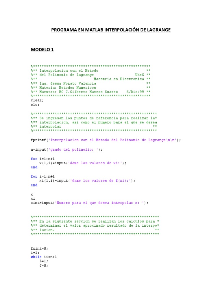 Codigo Matlab Interpolacion de Lagrange | PDF