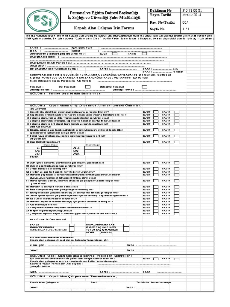 Kapalı Alan Çalışma İzin Formu | PDF