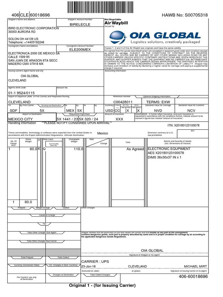 Original 1 - (For Issuing Carrier) - HAWB No - S00705318 | PDF | Common ...