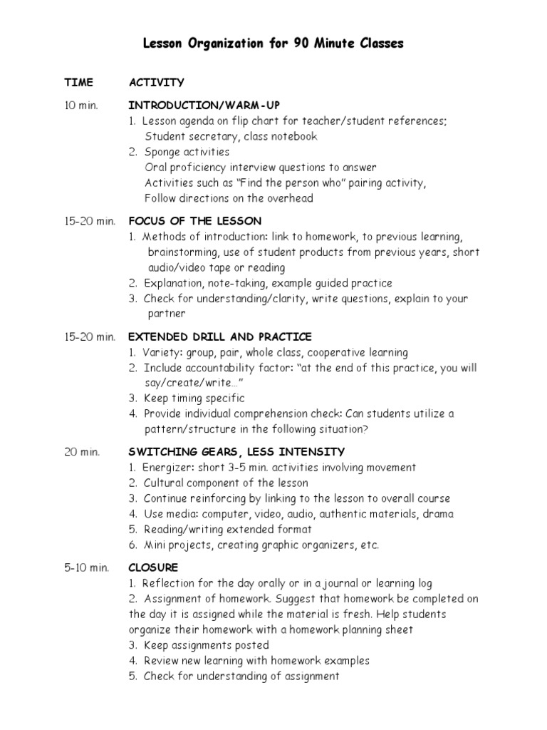 Lesson Plan 90MinCLass | PDF | Homework | Lesson Plan