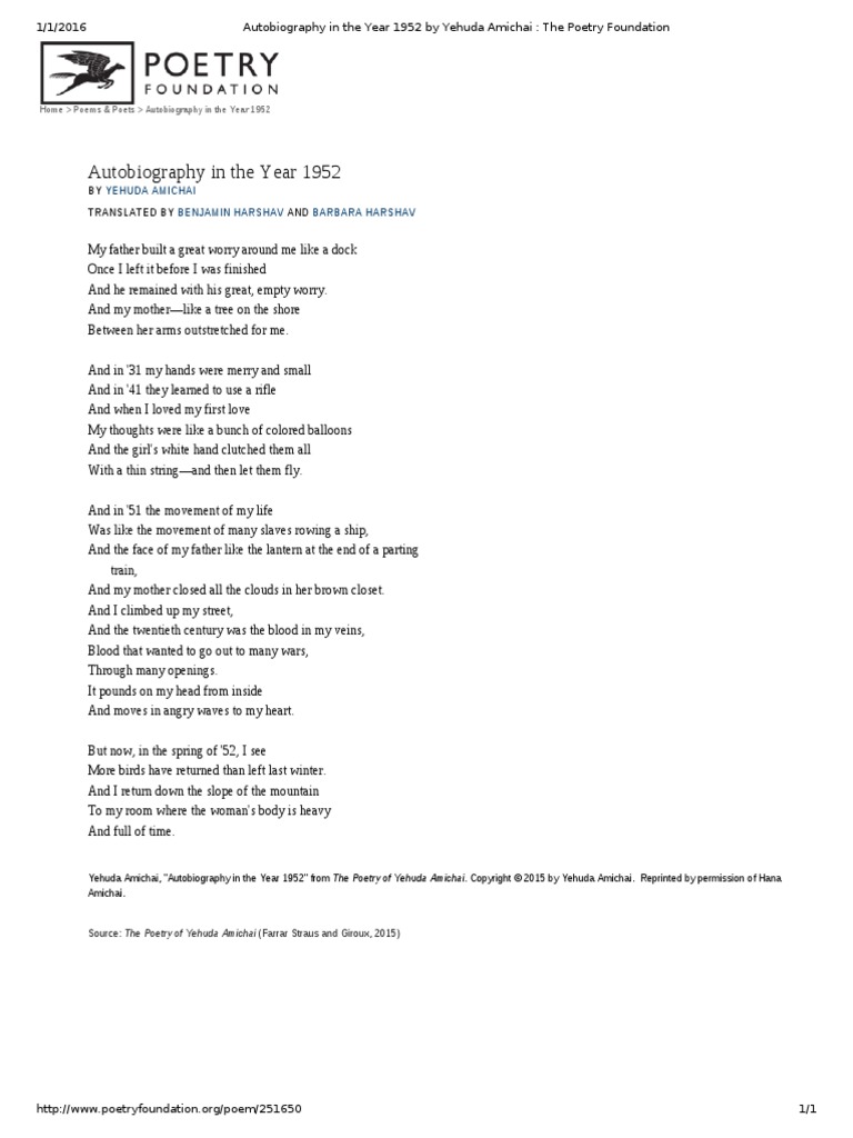 Autobiography in The Year 1952 by Yehuda Amichai - The Poetry ...