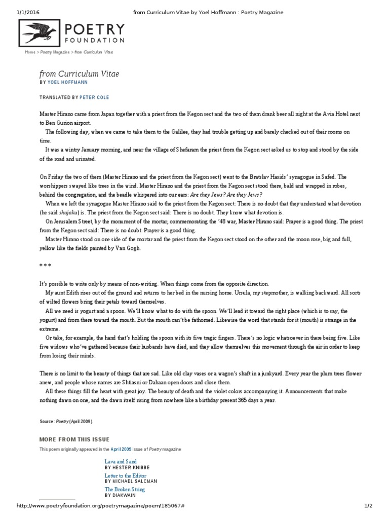 from Curriculum Vitae by Yoel Hoffmann _ Poetry Magazine.pdf | Religion ...