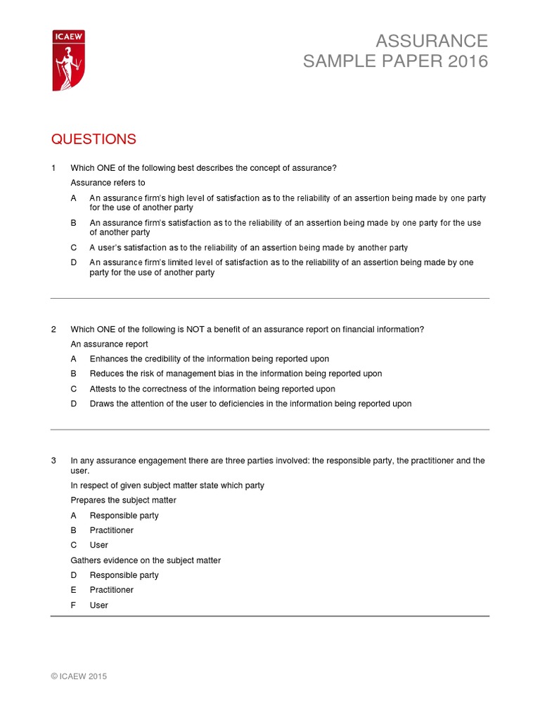 Assurance Sample Paper 2016 | PDF | Internal Control | Audit
