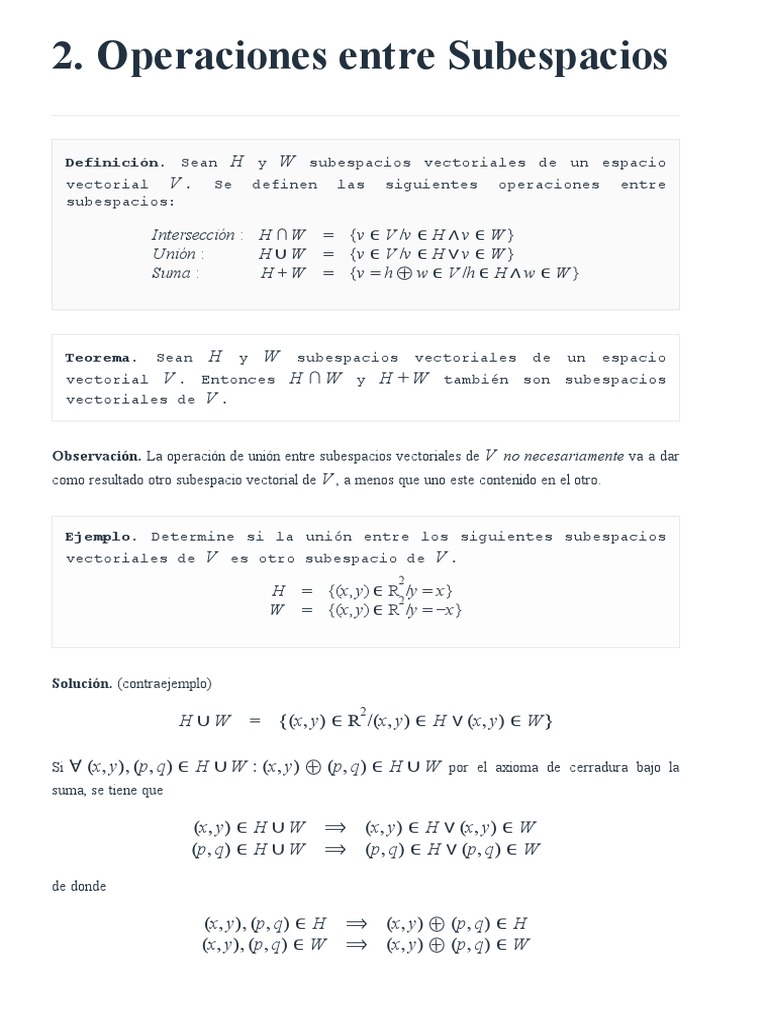 Operaciones Entre Subespacios | PDF | Subespacio lineal | Espacio vectorial
