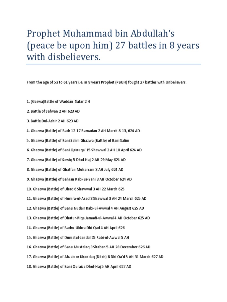 Prophet Muhammad - 27 Battles in 8 Years With Disbelievers. | PDF