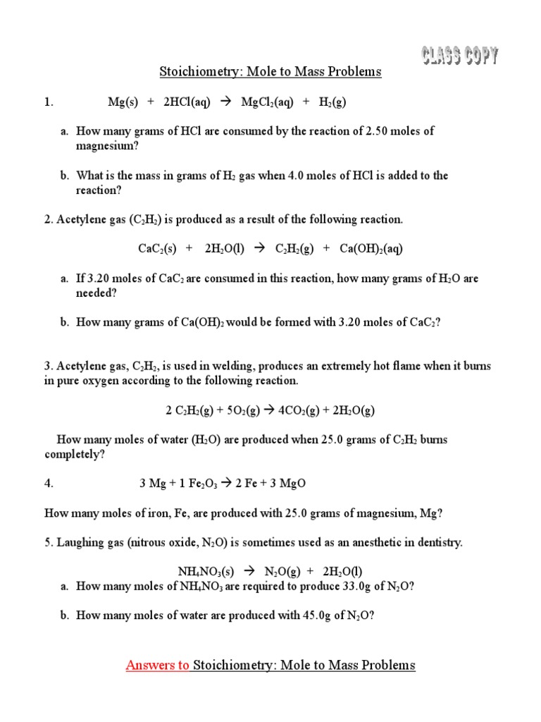 Stoichiometry - Mole To Mass | PDF | Magnesium | Stoichiometry
