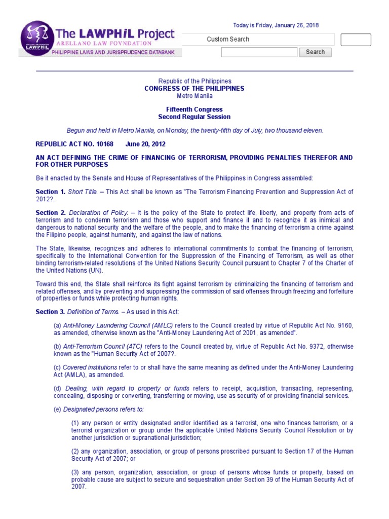 RA 10168 - Terrorism Financing Prevention | PDF | Extradition | Money ...