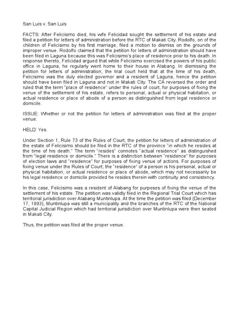 San Luis v. San Luis (SPECPRO) | PDF | Venue (Law) | Domicile (Law)