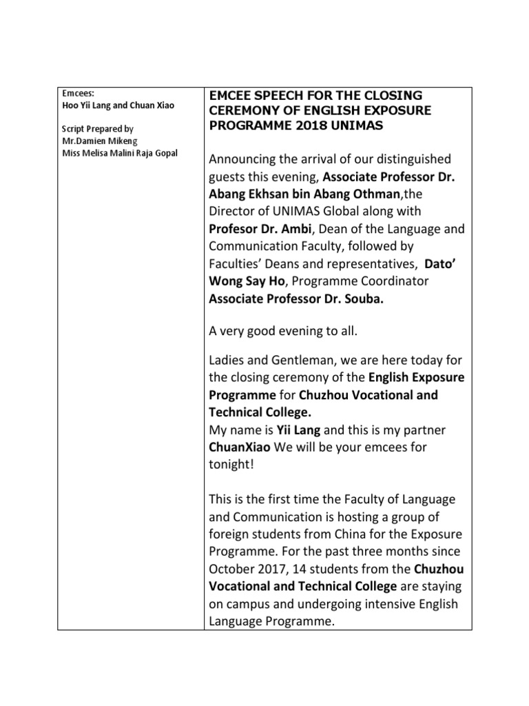 Emcee Speech For The Closing Ceremony of PRC Exposure Programme 2018 ...