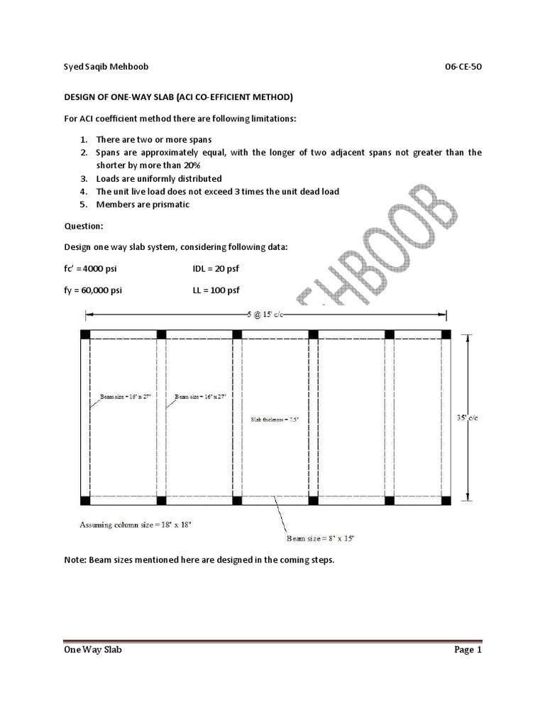 Design of One-Way Slab Using ACI Coefficient Method | PDF | Beam ...