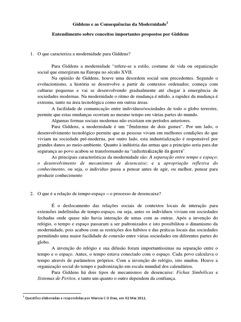 Giddens e As Consequências Da Modernidade. Resumo | PDF | Sociologia | Dinheiro