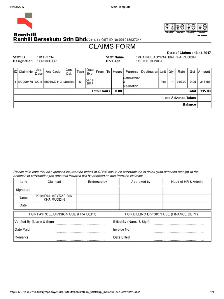 Claims Form: Ranhill Bersekutu SDN BHD | PDF | Government Finances ...