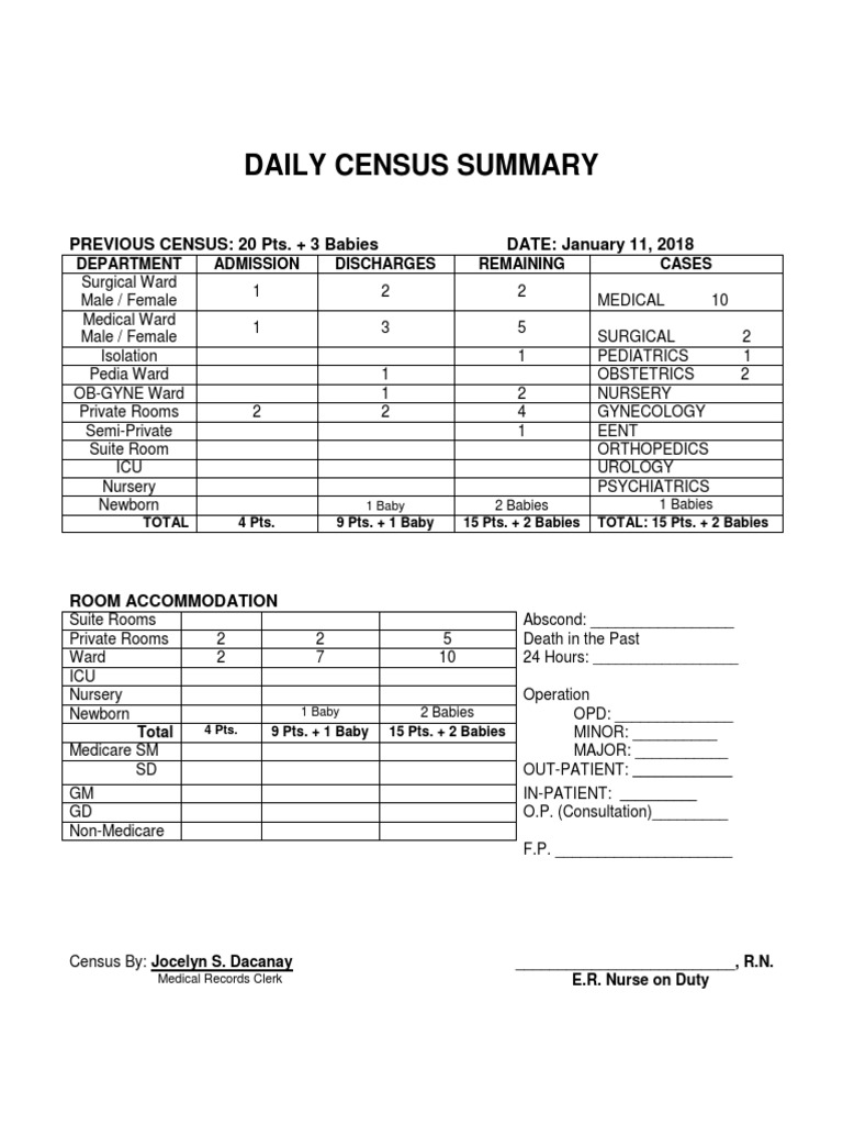 Daily Census Summary: PREVIOUS CENSUS: 20 Pts. + 3 Babies | Download ...