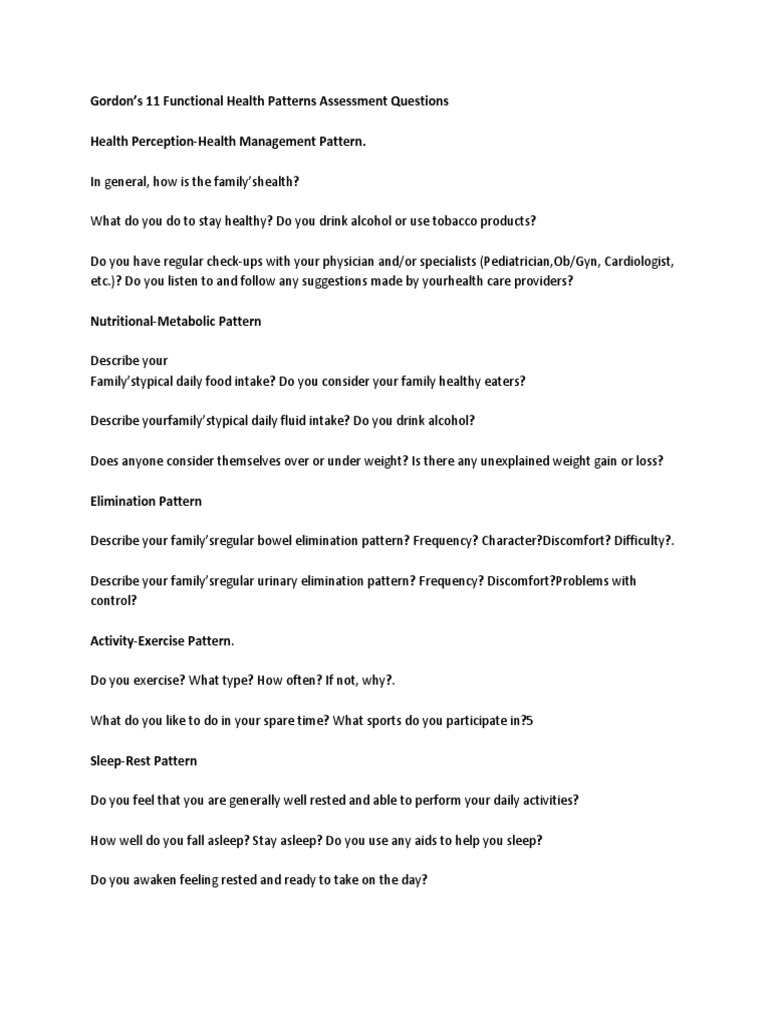 Gordon’s 11 Functional Health Patterns Assessment Questions Health ...