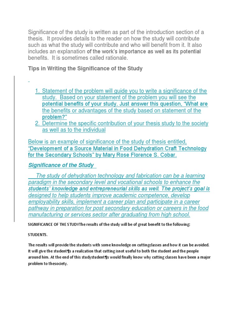 Significance of The Study Is Written As Part of The Introduction ...