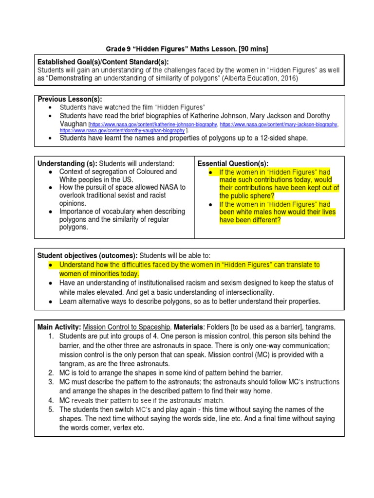 Grade 9 Maths Lesson on "Hidden Figures" | PDF | Hidden Figures ...
