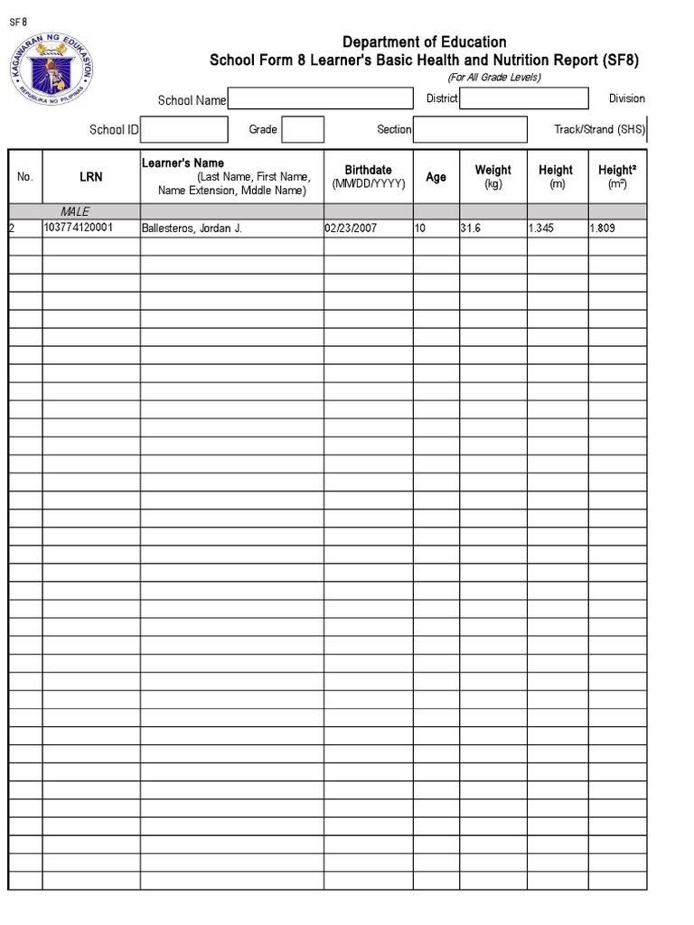 School Form 8 SF8 Learner Basic Health and Nutrition Report | PDF ...