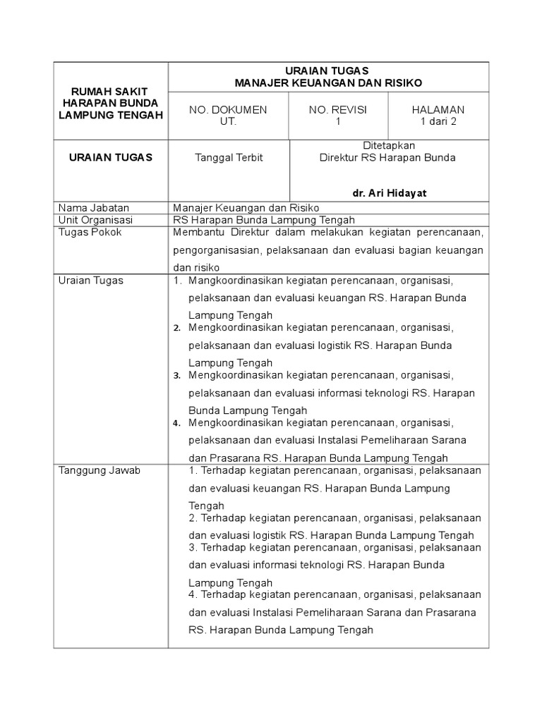Uraian Tugas Manajer Keuangan Dan Risiko | PDF