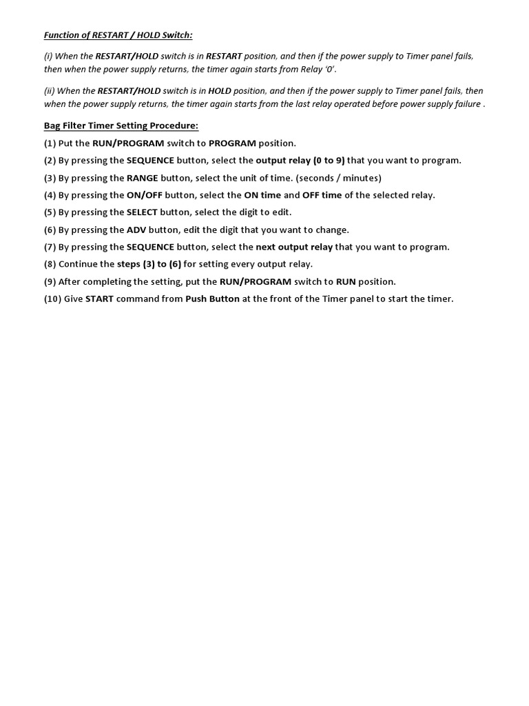Bag Filter Timer Setting Procedure | PDF
