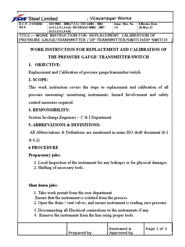 SMP For Calibration of Gauges & Transmitters | PDF | Calibration ...