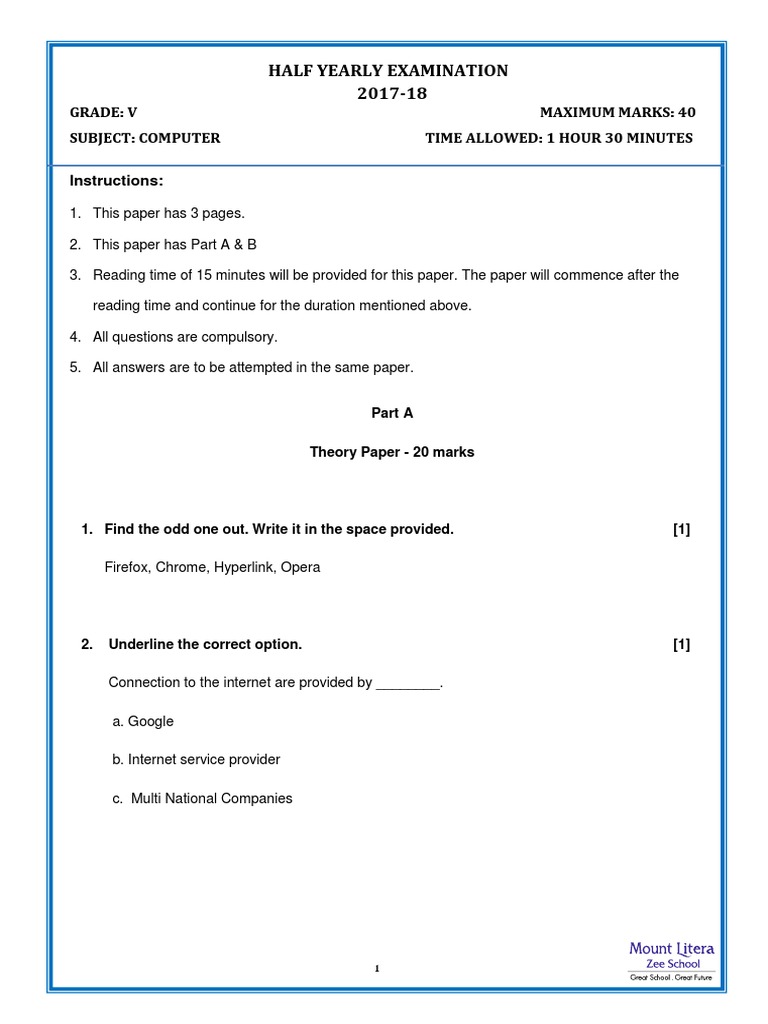 Half Yearly Examination 2017-18: Grade: V Maximum Marks: 40 Subject: Computer Time Allowed: 1 ...