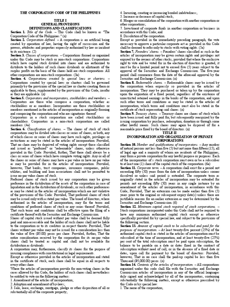 Corporation Code | PDF | Corporations | Stocks