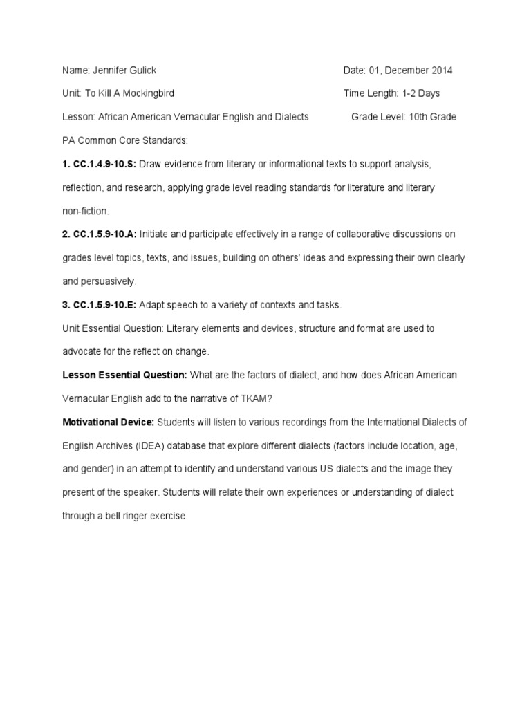 Tkam Lesson | PDF | To Kill A Mockingbird | Dialect