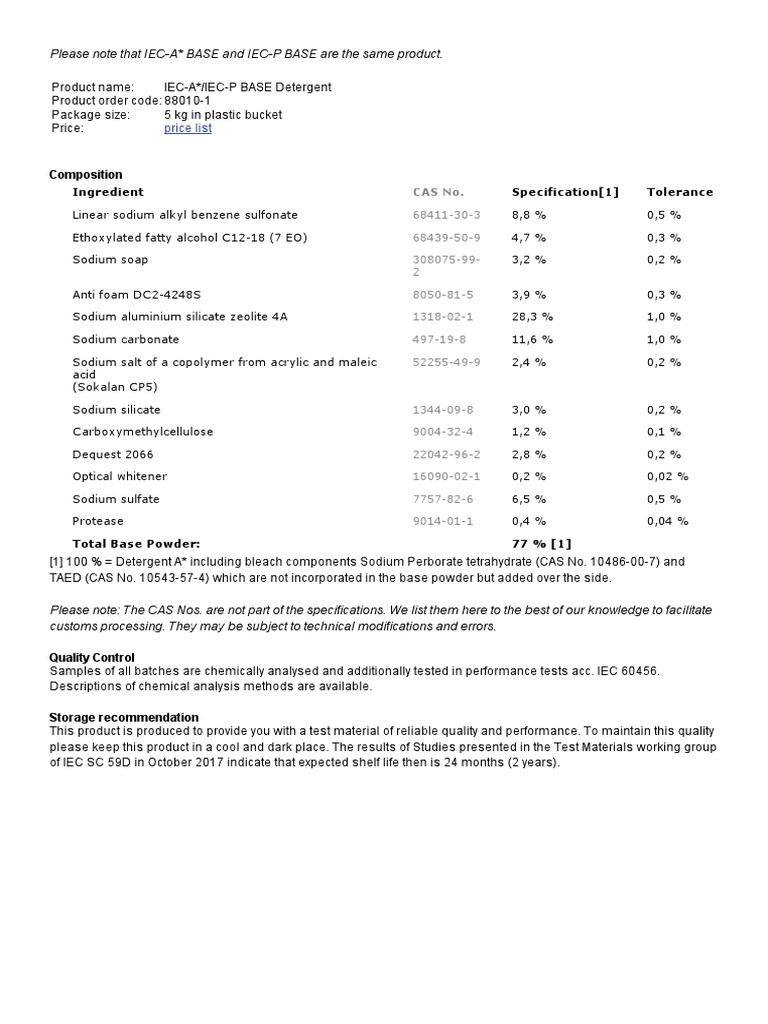 Printing IEC-A - BASE Detergent | PDF | Detergent | Chemical Substances