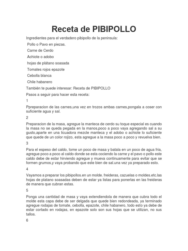 Receta de Pibipollo | PDF | Cocina de las Americas | Preparación de ...