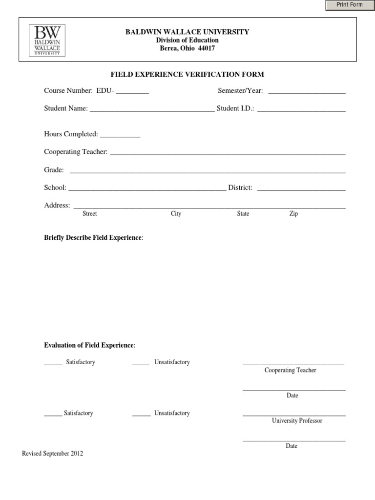 Field Experience Verification Form 2012 | PDF