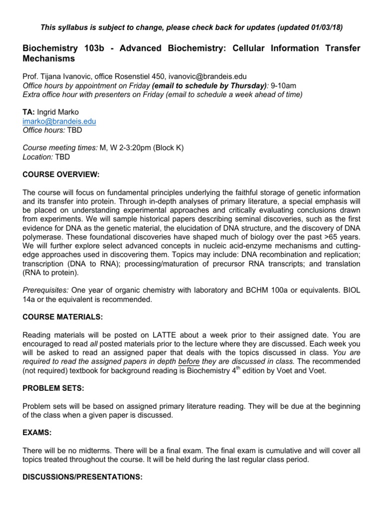 Biochemistry 103b - Advanced Biochemistry: Cellular Information ...