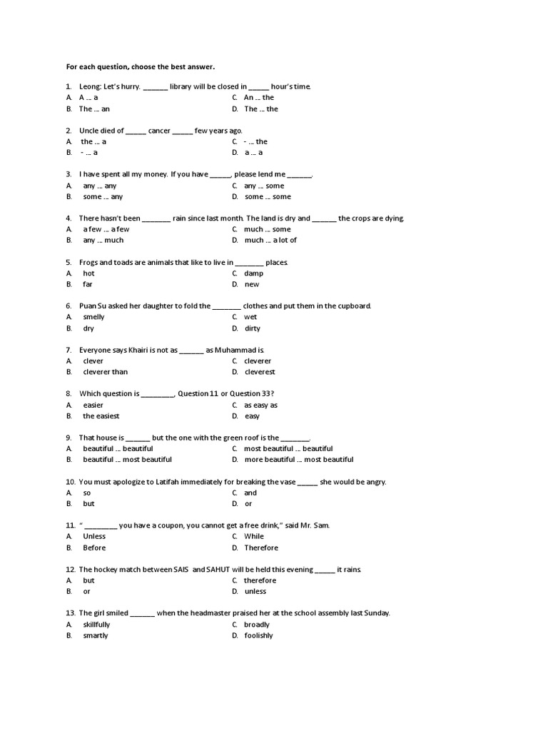 For Each Question, Choose The Best Answer | PDF