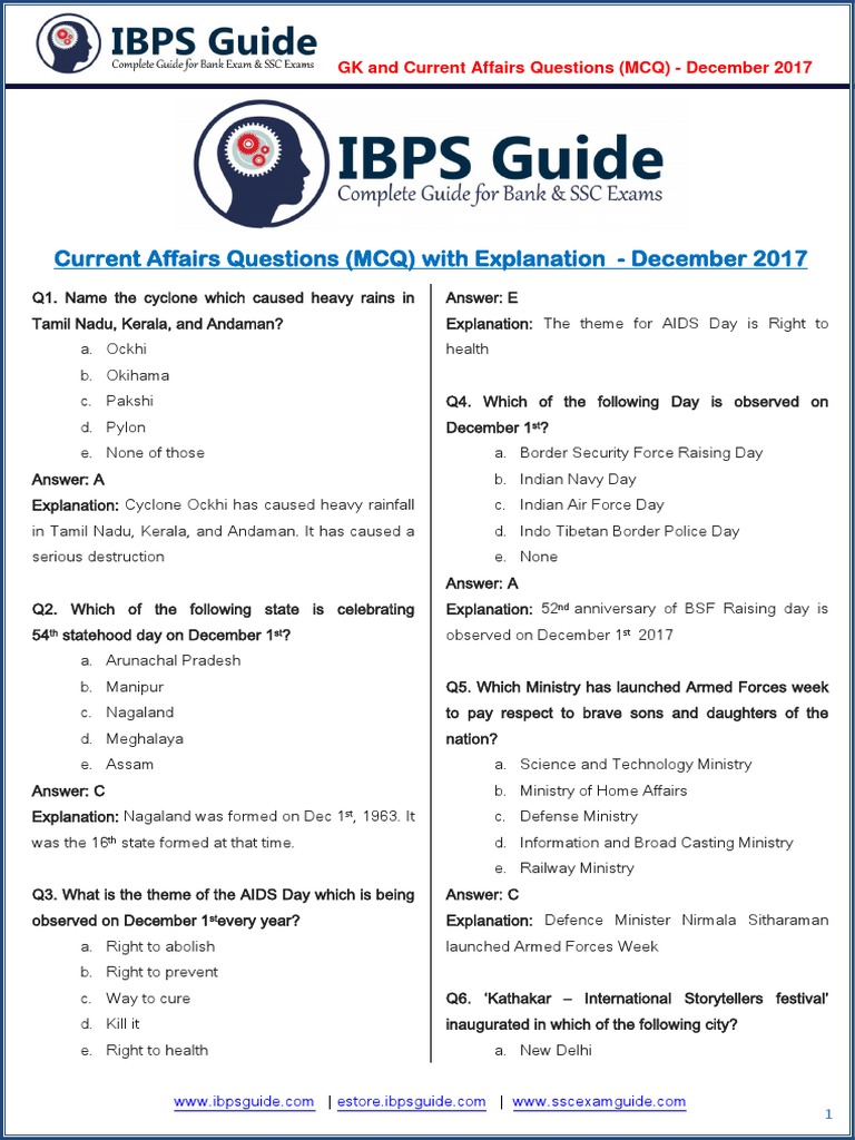 Current Affairs Questions Mcq With Explanation December 2017 Pdf