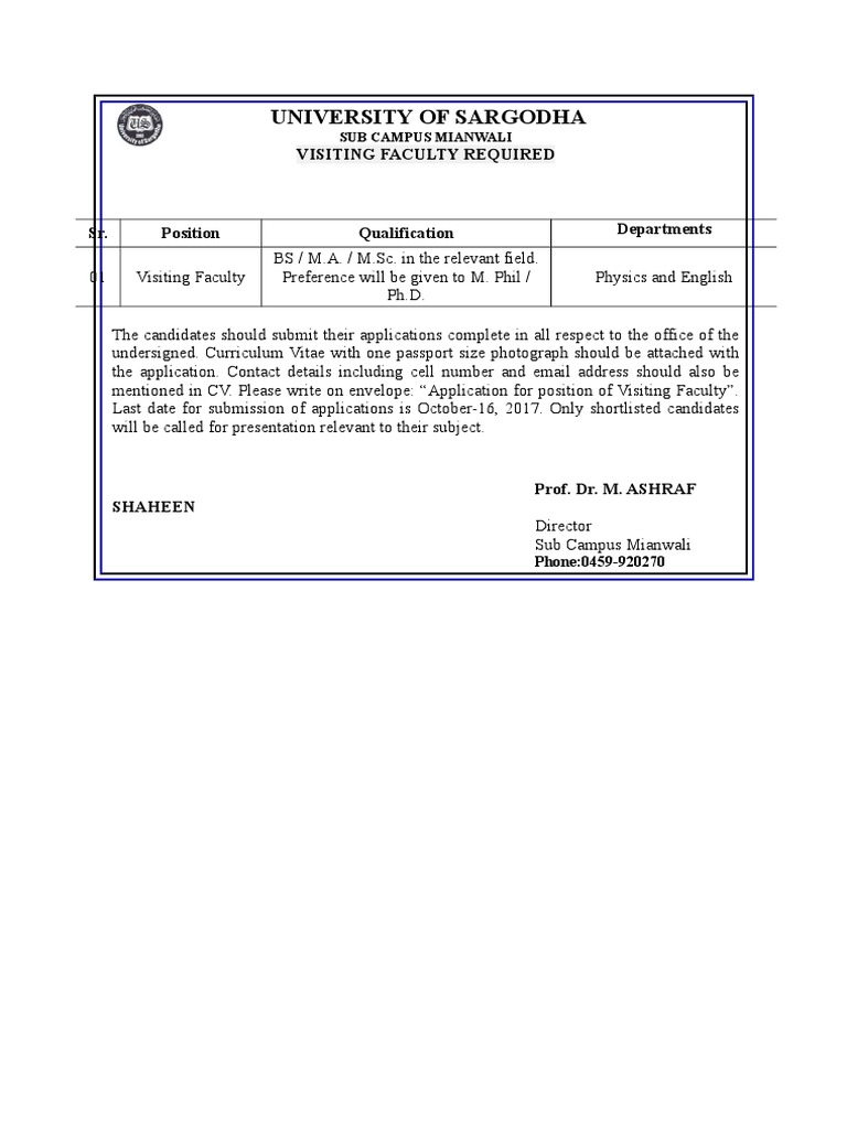 Advertisement Visiting Faculty SCM1 | PDF
