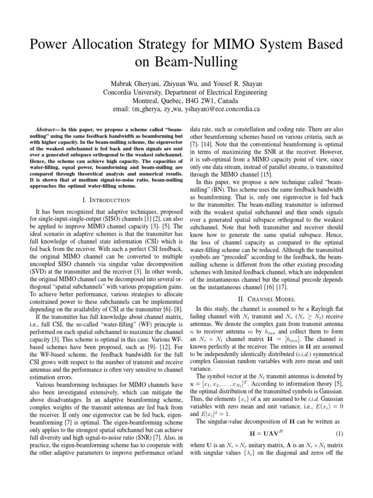 Power Allocation Strategy For MIMO System Based On Beam-Nulling | PDF | Mimo | Wireless